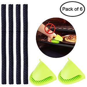 DanziX Oven Rack Shields, 4 Pack Silicone Oven Shelf Rack Guard Protector (Black) + 2 Mini Mitts (Green), 100% Certified BPA Free, Heat Resistant, Protect Against Burns and Scars