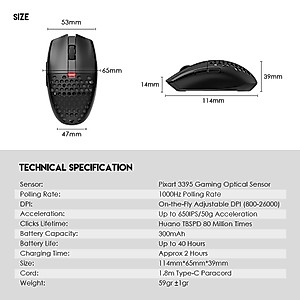 FANTECH ARIA XD7 Wireless Gaming Mouse - Pixart 3395 Gaming Sensor 26000 DPI, HUANO Switches, Super Lightweight 59 Grams and Ambidextrous Egg Shape, 3-Mode Connectivity, Black