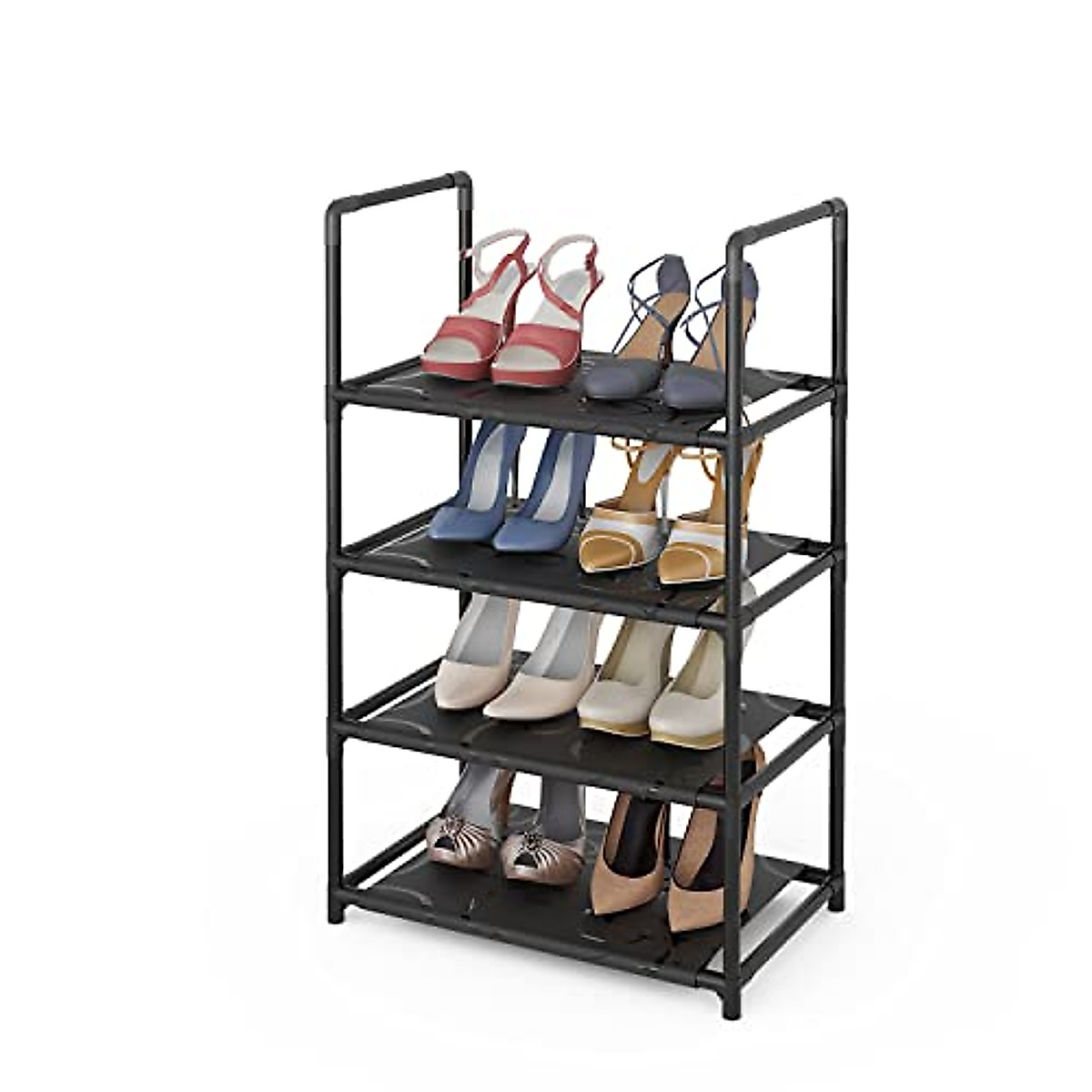 Small Shoe Rack, 4-Tier Narrow Shoe Shelf Storage for Closet Entryway Skinny Shoe Organizer Metal Black Stackable Shoe Stand