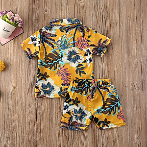 QWEP Toddler Baby Boys Summer Shorts Set Floral Outfits Button Down Shirt Top Bermuda Shorts Hawaiian Clothes 2 PCS (01 Floral Boys Shorts Coconut Yellow, 2-3T)