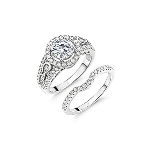 Gem Stone King 925 Sterling Silver Moissanite Women Wedding Engagement Ring Band Bridal Set (1.74 Cttw, Center 6.5MM, Available in size 5, 6, 7, 8, 9)