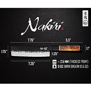 Concord Genbu Traditional Japanese Chef's Knife Raw Hammered Double Beveled 9CR18MOV Blade w/ 60 HRC. Tortoise Shell Resin Handle. Comes with Magnetic Magnolia Wood Sheath with Stand. (7" Nakiri)