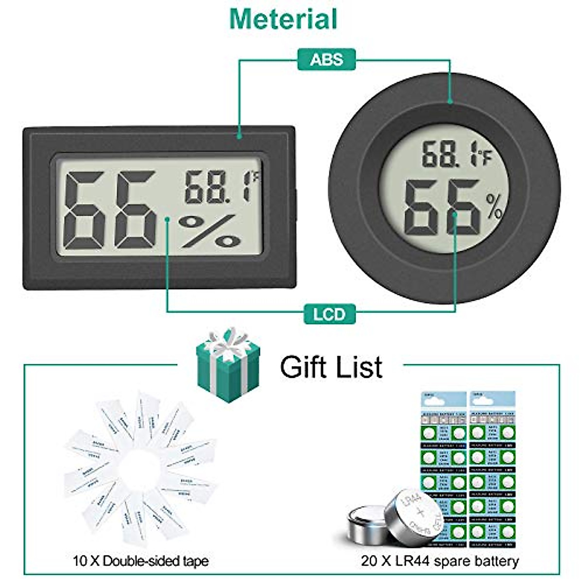 10-Pack Mini Digital Thermometer Hygrometer, Indoor Room Round Temperature Humidity Meter Gauge monitor, Large LCD Display Fahrenheit or Celsius for Greenhouse, Home, reptile, Humidors, office, Garden
