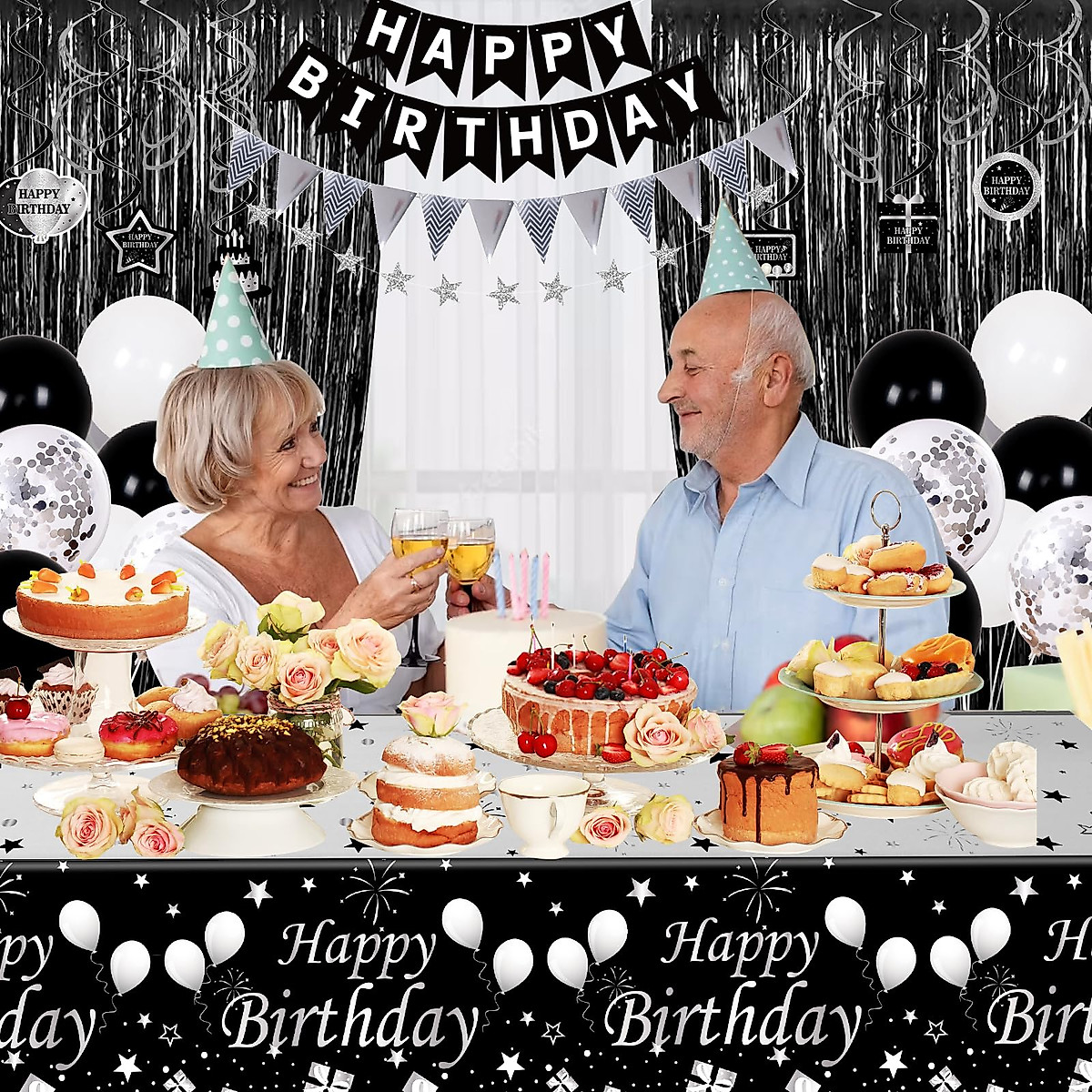 Birthday Decorations Black and White for Men Women, 74Pcs Happy Birthday Balloons Set for Boys Girls with Bday Tablecloth Fringe Curtains Swirls for 16th 18th 21st 30th 35th 40th 45th 50th 60th 70th
