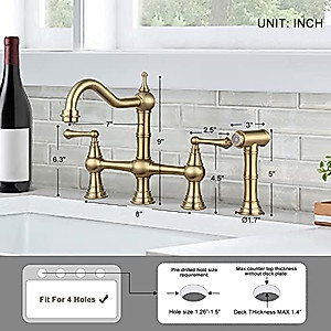 WOWOW Brass Kitchen Faucet Bridge with Side Sprayer, 4 Hole Kitchen Faucet 2 Handle 8 Inch Centerset Gold Faucet for Kitchen Sinks, Heritage Brushed Gold Kitchen Sink Faucet