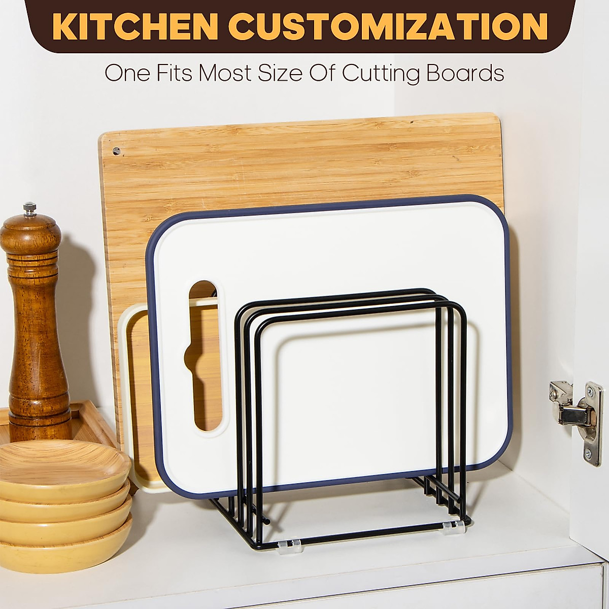 DOYOQI Cutting Board Organizer, Kitchen Cabinet Organizer Storage Rack, 5 Slots Holder Stand for Cutting Board,Baking Cookie Pan, Cookie Sheets Organizer for Kitchen Countertop,Metal Black (1 Pack)