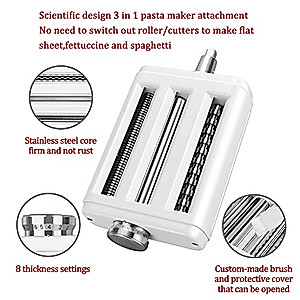 Pasta Maker Attachment for All Kitchenaid Mixers,Noodle Ravioli Maker Kitchen Aid Mixer Accessories 3 in 1 Pasta Attachments Included Pasta Roller Spaghetti Cutter Fettuccine Cutter and Cleaning Brush
