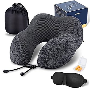MLVOC Travel Pillow 100% Pure Memory Foam Neck Pillow, Comfortable & Breathable Cover, Machine Washable, Airplane Travel Kit with 3D Contoured Eye Masks, Earplugs, and Luxury Bag, Standard (Black)