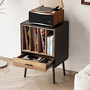 Semiocthome Record Player Stand with Nesting Vinyl Storage Crate, Record Player Table with a Drawer and Solid Wood Legs, Side End Table for Turntables for Living Room Bedroom