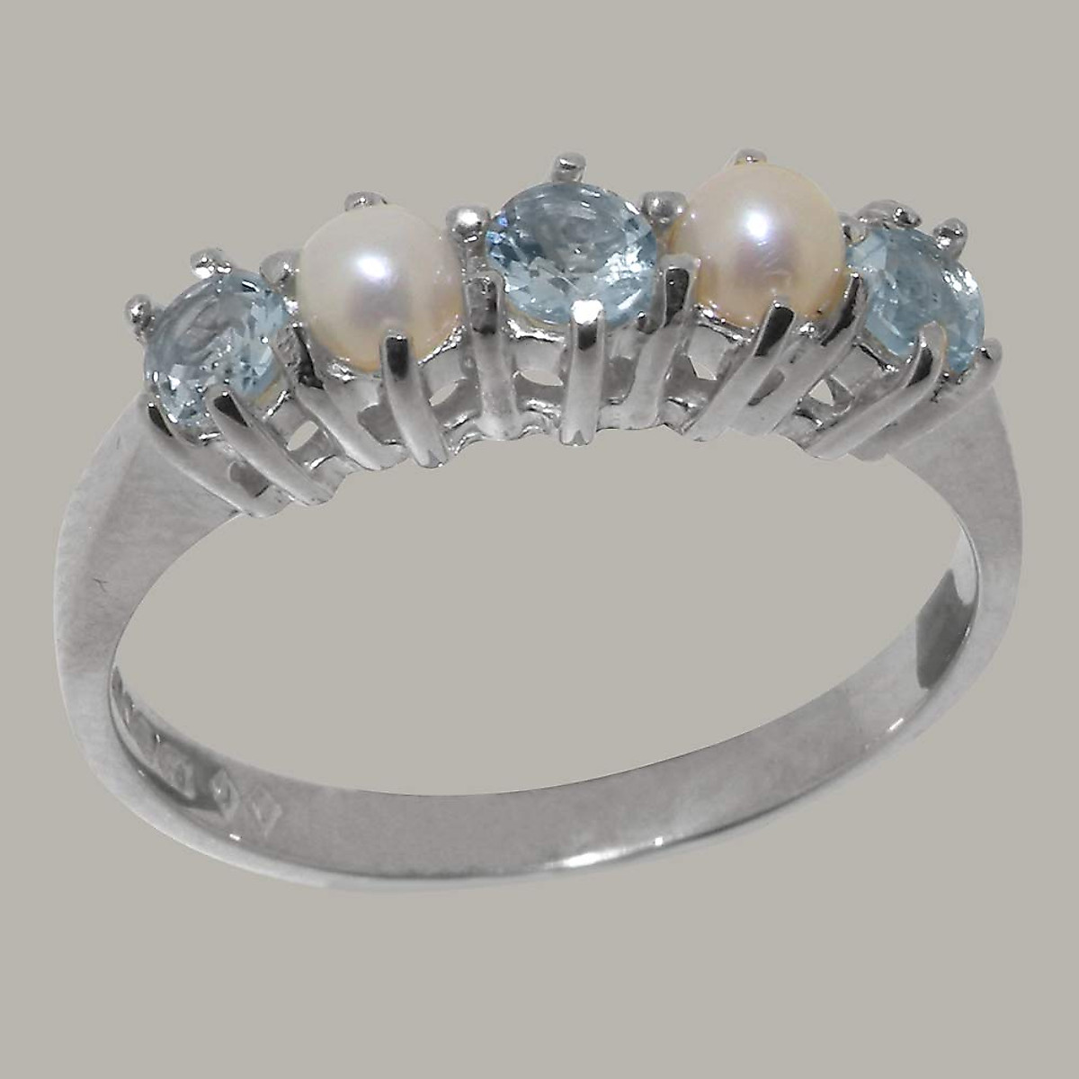LetsBuyGold 925 Sterling Silver Natural Aquamarine & Cultured Pearl Womens Eternity Ring - Size 10