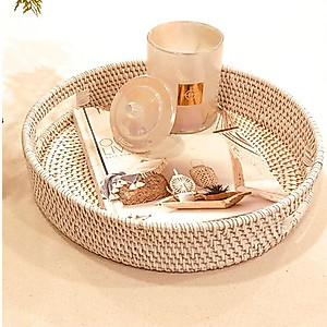 SIMPLY FABULOUS White Round Rattan Tray, Set of 2 Serving Trays with Handles, 13 & 11 inch