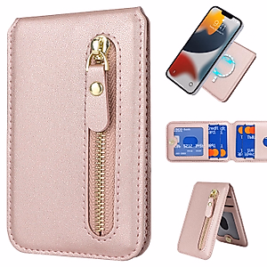 Cavor Compatible with Apple Magsafe Wallet with Adjustable Stand,Magnetic Wallet for iPhone 16 Pro Max/15/14 Plus/13/12 Magsafe Card Holder Magsafe Phone Wallet Zipper Pocket-Pink