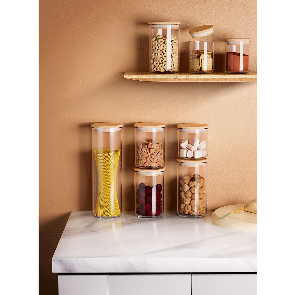 COCOYA 12 FL Oz Glass Jars with Bamboo Lid Set, 8Pack UPGRADE Clear Food Storage Canisters Kitchen Pantry Containers, for Spice Herb Nuts Tea Seed Seasoning Dry Foods Bean Sugar Snack Candy