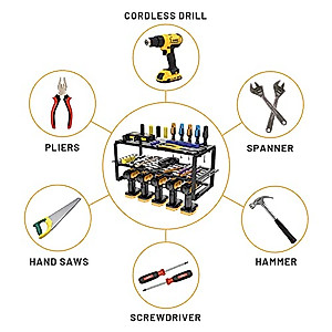 Rldnsndk Power Tool Organizer, 3 Layers Heavy Duty Metal Tool Shelf, Garage Organization With 5 Drill Holders, Wall Mount Tool Organizers and Storage for Cordless Drill Charging Station & Power Tools
