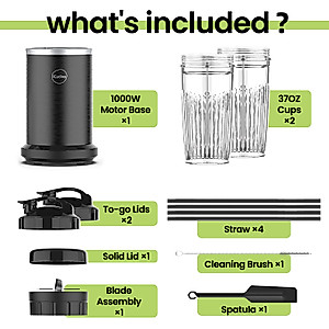 iCucina Blenders for Smoothies and Shakes, 1000W Personal Blender 32 oz * 2 To-Go Portable Cups with Lids for Frozen Fruits, Protein Drinks, Ices, 13 Pcs Blender Set for Kitchen