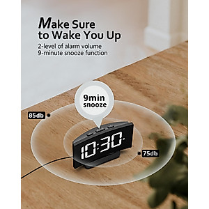 GOLOZA Digital Alarm Clock for Bedroom, Digital Clock with Modern Curved Design, Conspicuous White LED Numbers, 5 Levels Brightness+Off, 2 Volume, 3 Alarm Tones, Snooze,Power-Off Memory,12/24H