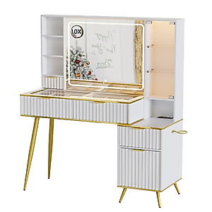 PAKASEPT Fluted Vanity Desk with Mirror and Lights, 47" Big Modern Vanity Desk with Glass Tabletop, Vanity Table with Charging Station, 4 Drawers, Shelves, RGB Glass Cabinet, for Bedroom, White