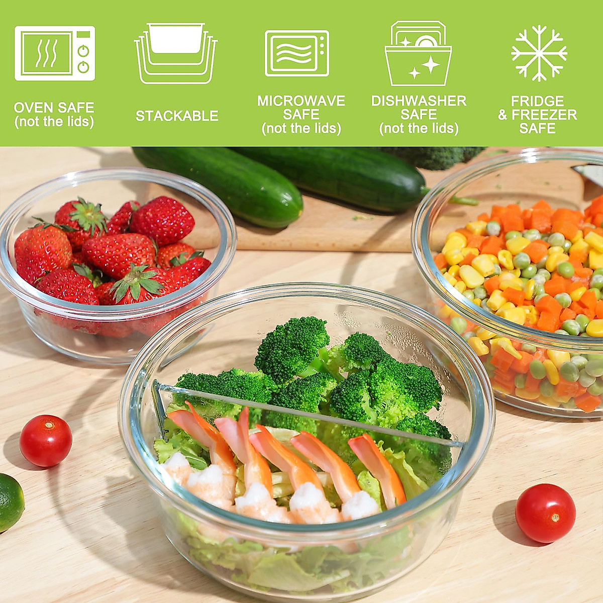 Moretoes 10pc Glass Food Storage Containers with Lid, Gray Round Single & 2 Compartment Meal Prep Containers, Airtight Glass Lunch Boxes for Leak Proof, Microwave, Oven, Freezer, Dishwasher