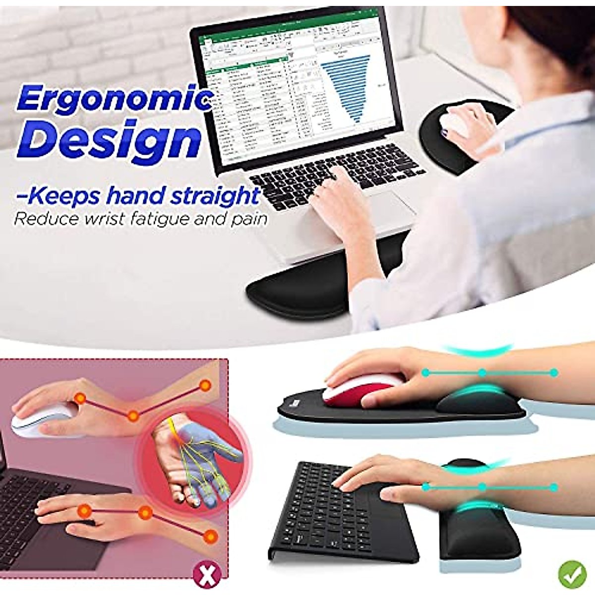 Gimars Ergonomic Mouse Pad Wrist Support, Upgrade Enlarge Superfine Fibre Soft Smooth Keyboard Wrist Rest, Comfortable Memory Foam Wrist Rest for Computer, Laptop, Mac, Gaming, Office and Pain Relief