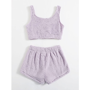 SweatyRocks Women's Fuzzy Pajamas Set Crop Tank Top with Shorts Loungewear Lilac Purple M