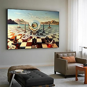 KDXAOBEI Modern Wall Art Pictures Salvador Dali Surrealism Chess Mask On Sea Canvas Painting Wall Art Abstract Prints Posters 20"x28"(50x70cm) with-gold-frame