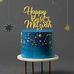 LILIPARTY Gold Glitter Happy Bar Mitzvah,Mitzvah Cake Topper,Elegant Star of David Mitzvah Cake Topper,Jewish Birthday Cake Topper,Jewish Holiday Party Supplies