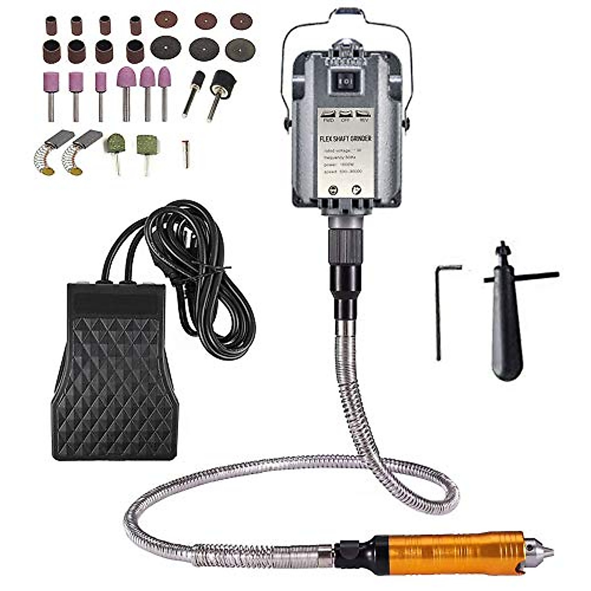 VOTOER 1000W Rotary Tool Flex Shaft Electric Hanging Grinder Carver, Forward and Reverse Rotation, Multi-Function Metalworking Jewelry Repair Kit, Foot Pedal Control, Metal Flexible Shaft, 30000 RPM