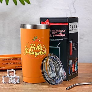 Hello Pumpkin Mug Travel Tumbler, Novelty Pumpkin Mug for Halloween Thanksgiving Harvest Festival, Cute Autumn Kitchen Decor, 20 oz Vacuum Insulated Mug Tumbler with Straw Lid and Brush