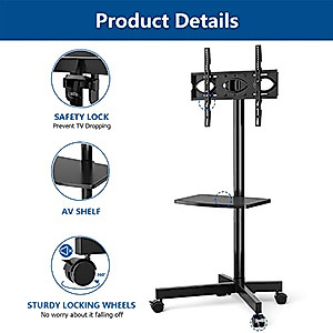 Rfiver Universal Mobile TV Cart for 23-60 inch Flat Screen TVs up to 88lbs, Portable Rolling TV Stand with Mount and Locking Wheels, Black Floor/Outdoor TV Stand with Shelf, Max VESA 400x400mm