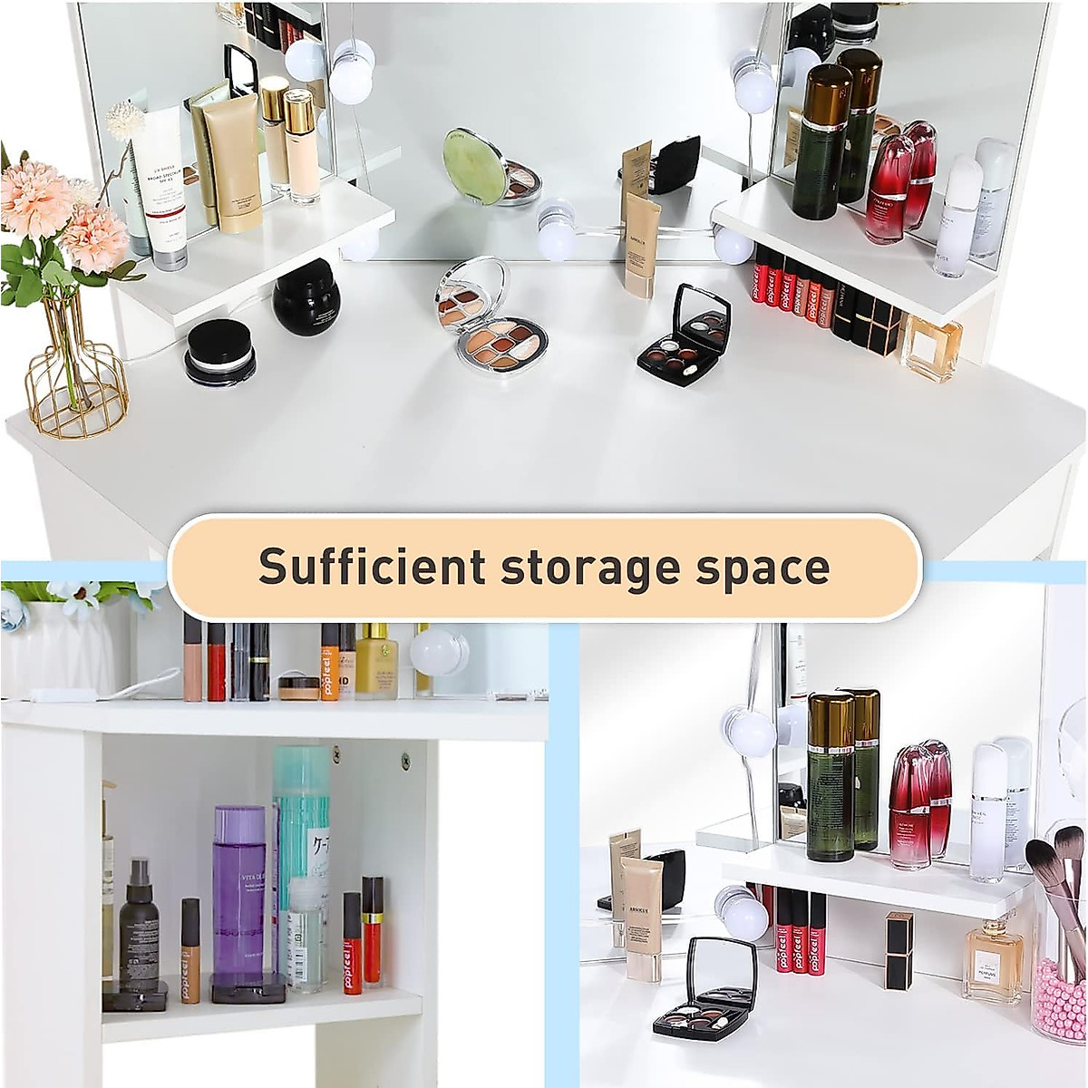 Likein Corner Vanity, Makeup Vanity Desk with Lights, Bedroom White Vanity with Lighted Mirror, Makeup Table with Drawers and Mirror for Women Girls, 3 Lighting Modes Brightness Adjustable