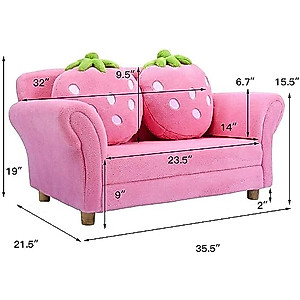 Fireflowery Kids Sofa, Children Upholstered Loveseat Lounge Bed w/ 2 Cute Strawberry Pillows, Children Couch Armrest, Double Seat Kid Sofa for Playroom Bedroom Living Room Baby Room, Pink
