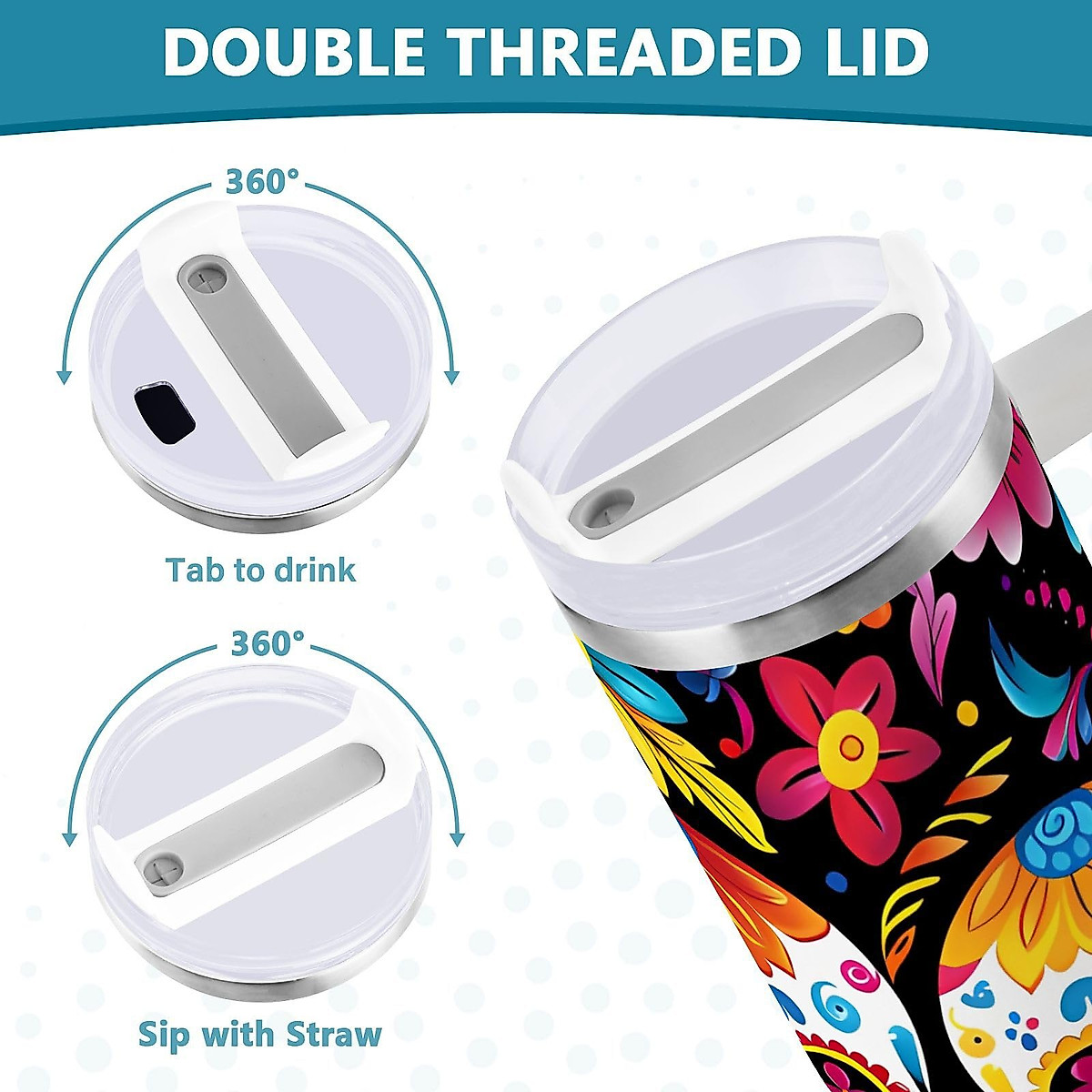 ALAZA Sugar Skull Day Of Dead 40 oz Tumbler Stainless Steel Water Bottle Vacuum Insulated Cup with Straw Lid & Handle For Travel Car Cup Holder