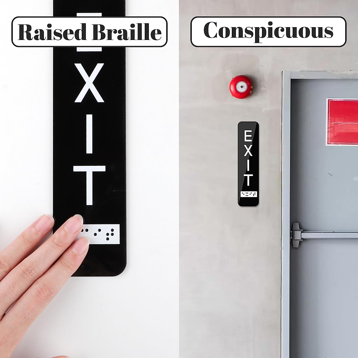 Vertical Exit Sign with Braille - 8x2 inch ADA Compliant Exit Sign with Braille Exit Signs for Business Raised Braille with Adhesive for Indoor Outdoor Public Office Hotel Workplace 6 Pcs