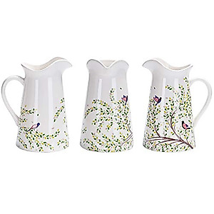 Bico Bird On Tree Ceramic 2.5 Quarts Pitcher with Handle, Decorative Vase for Flower Arrangements, Dishwasher Safe