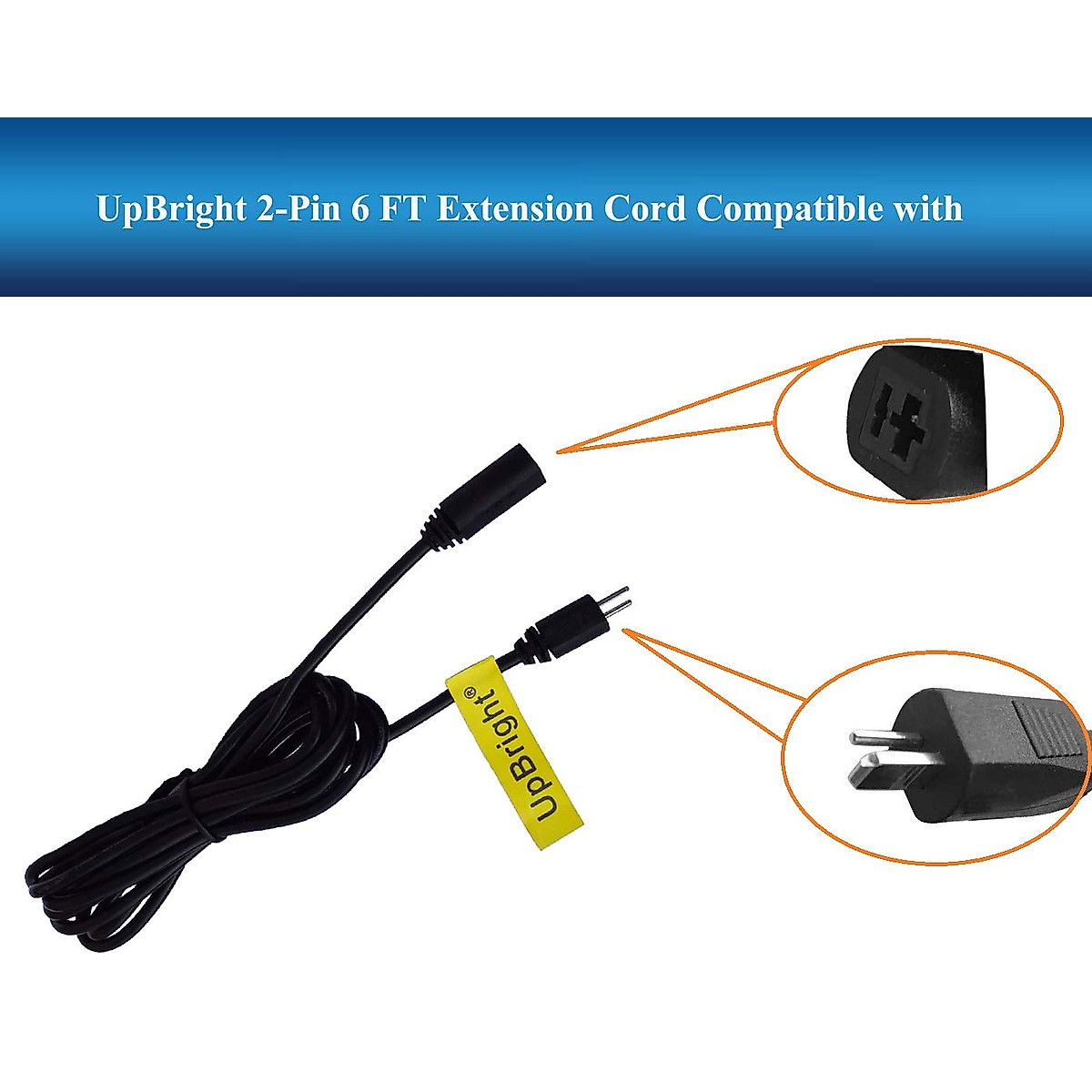 UpBright 2-Pin 6 ft Extension Cord Cable Compatible with Okin Limoss Tranquil Ease Lift Chair Recliner Power Supply Connect Between Motor PD13 65447 SP2-B2 PD18 79065 Tranquil SW-0209 SW-2621 ASW0081