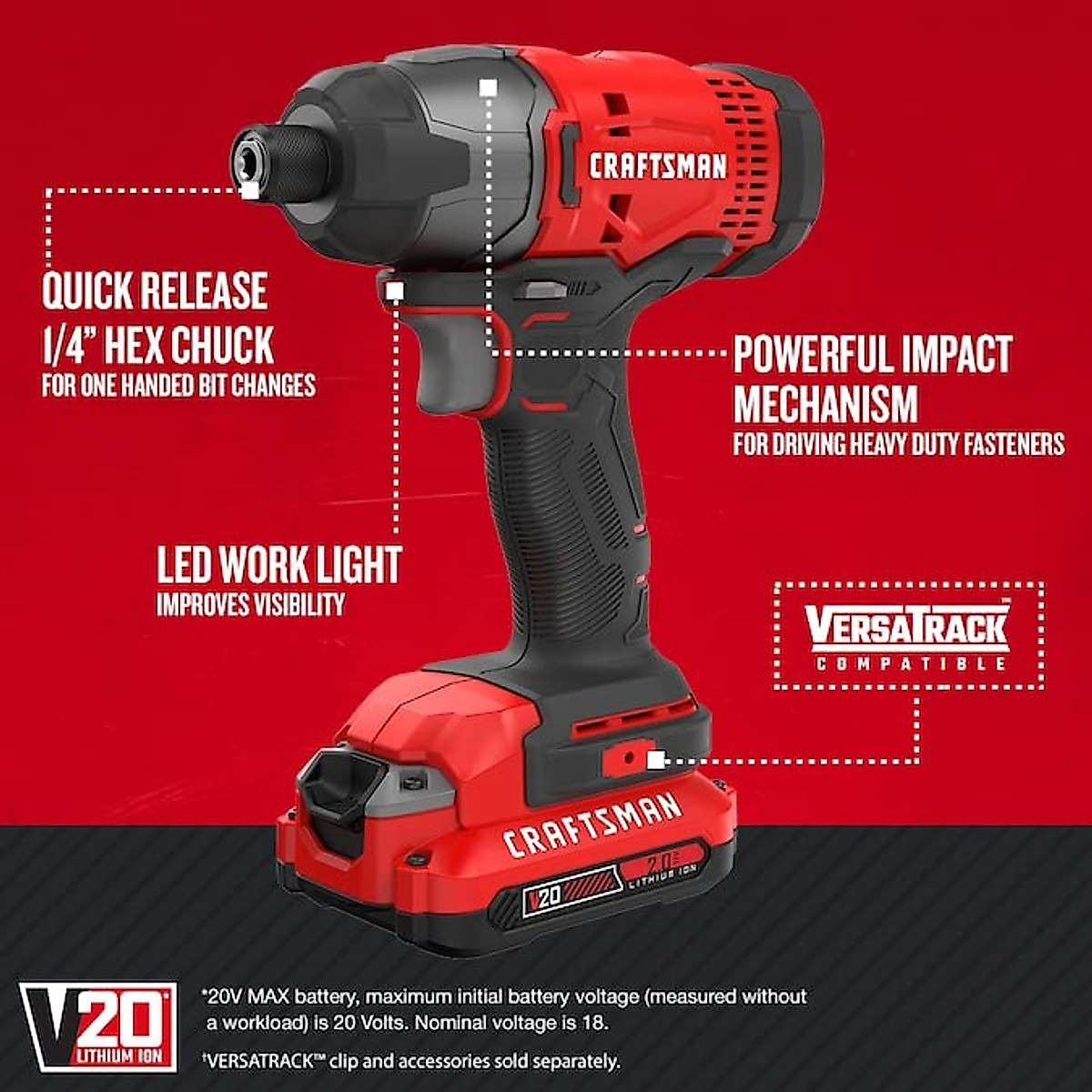 CRAFTSMAN V20 Cordless Impact Driver Kit, 1/4 inch, 2 Batteries and Charger Included (CMCF800C2)