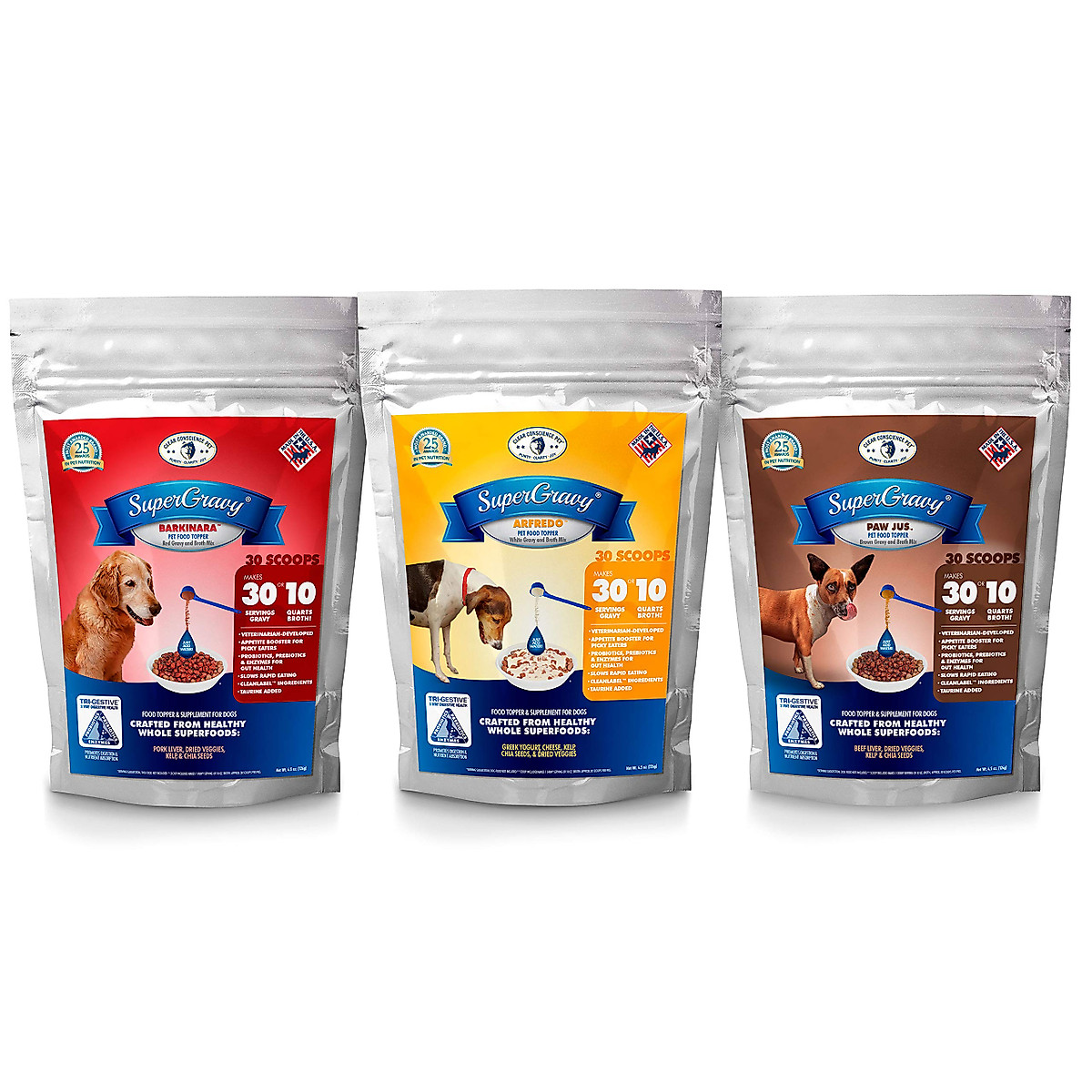 SuperGravy Original Trio- 30-Scoop bags- Natural Dog Food Gravy Topper - Hydration Broth Food Mix - Human Grade – Kibble Seasoning for Picky Eaters – Gluten Free Grain Free Total 90 Scoops