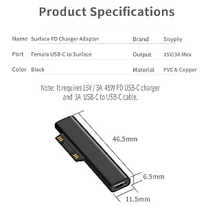 Sisyphy Surface Connect to USB C Charging Adapter (Basic Black, Connector only, 1 Pack), Compatible for Microsoft Surface Pro 7/6/5/4/3 Go 1/2 Laptop 4/3/2/1, Works with 45W 15V3A USBC Power Supply