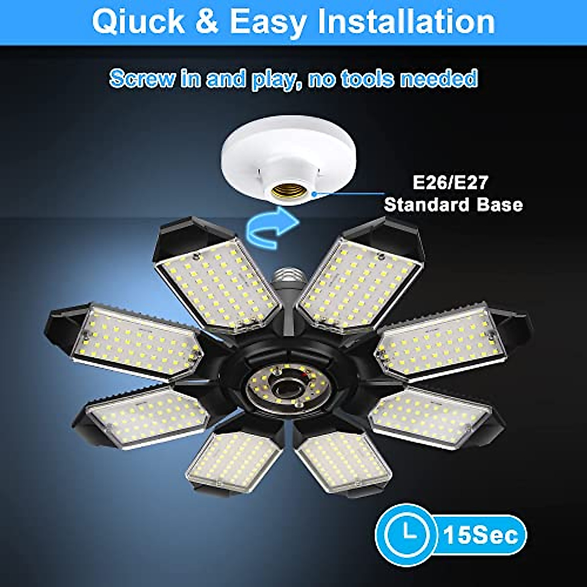 AUDLES 8+1 LED Garage Light, 260W LED Shop Light, E26/E27 Super Bright Deformable Ceiling Light Garage Lighting, Bay Light, Attic Light, Basement Light 2PK