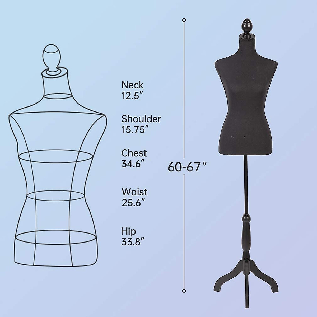 Female Mannequin Torso Dress Form Manikin Body with Wooden Tripod Base Stand Adjustable 60-67 Inch for Sewing Dressmakers Dress Jewelry Display,Black