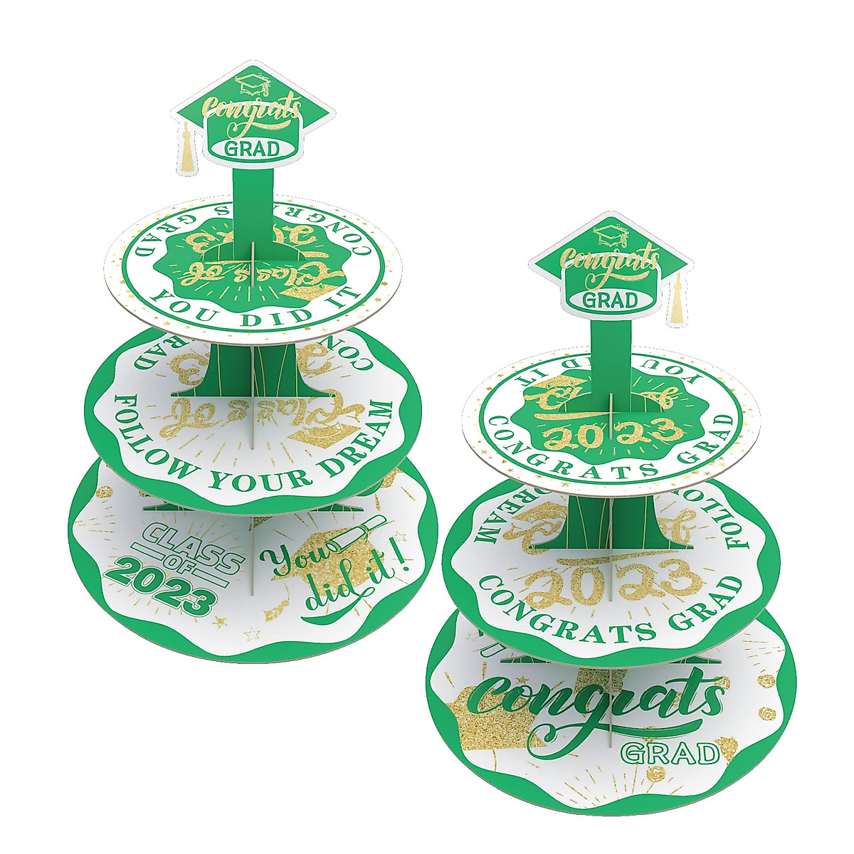 Class of 2023 3-Tiered Graduation Cupcake Stand for 24 Cupcakes, Disposable Cupcake Tower Stand, Perfect for Grad Themed Party Decor Graduation Dessert Favors Supplies (Green)