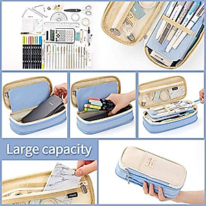 EASTHILL 2PC Big Capacity Pencil Case Pouch Large Pencil Bag for College School Teen Girls Boys Light blue + Khaki