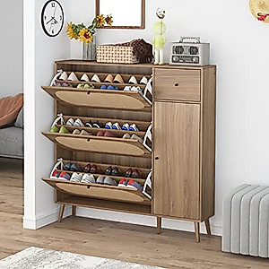 Rattan Shoe Cabinet with 3 Flip Drawers and Side Cabinet, Freestanding Shoe Racks Storage Cabinet with Steady Solid Legs, Entrance Hallway Shoe Organizers Storage Cabinet for Heels,Slippers (Walnut)