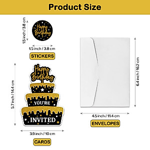 REWIDPARTY Black Gold Birthday Party Invitations with Envelopes & Stickers（Set of 15） Birthday Cake Shaped Fill-in Invitations Happy Birthday Invites Cards Birthday Party Supplies for Kids Adults