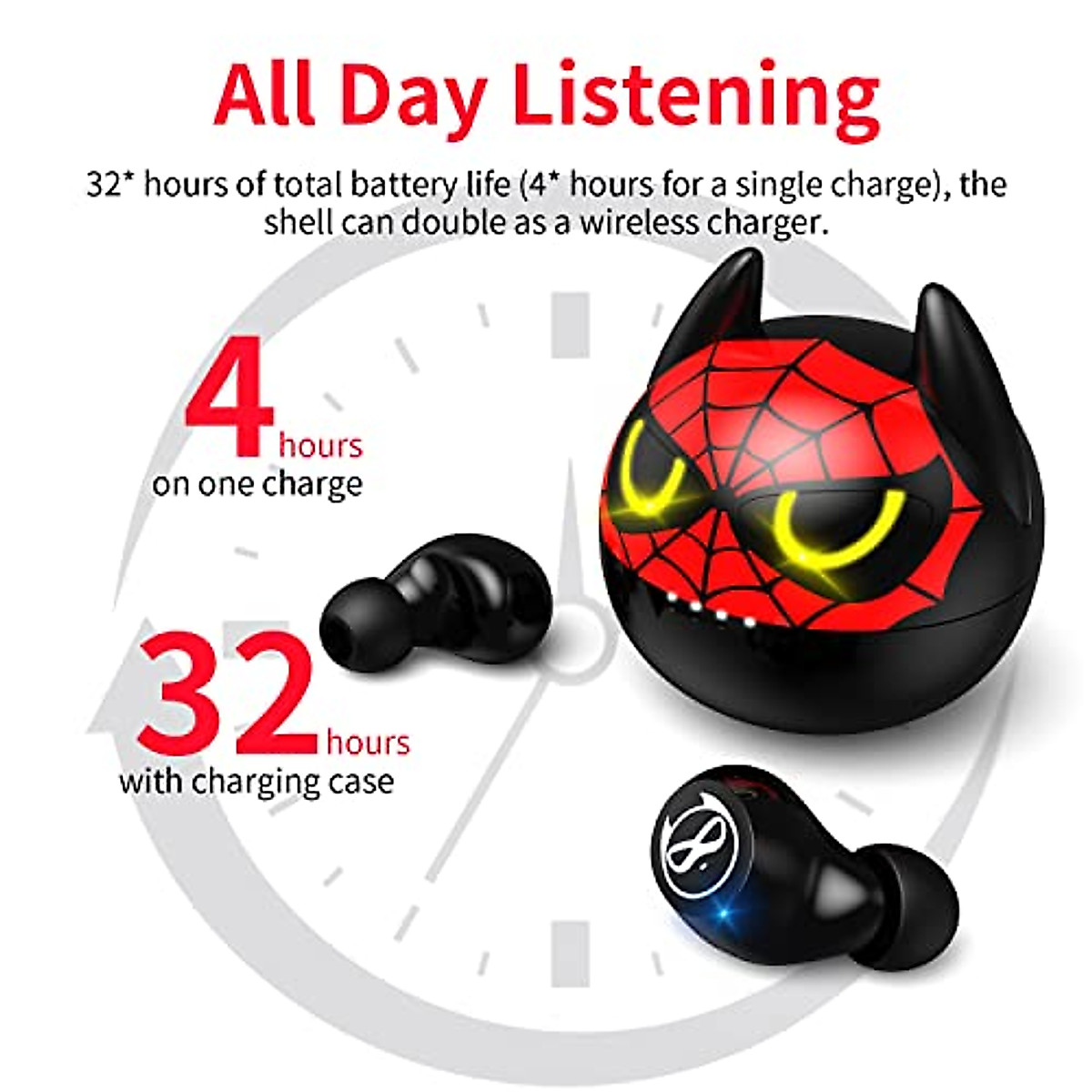 AMAFACE Wireless Earbuds for Youth Guys, Truly Wireless Headphones Stereo Sound in-Ear with Mic Touch Control, Sweat-Proof Bluetooth 5.0 Noise Reduction Earphones with Cartoon Red Charging Case