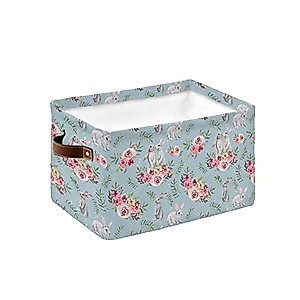 Large Storage Baskets Bins Easter Bunny Collapsible Storage Box Laundry Organizer for Closet Shelf Nursery Kids Bedroom Watercolor Spring Floral Rabbit Blue
