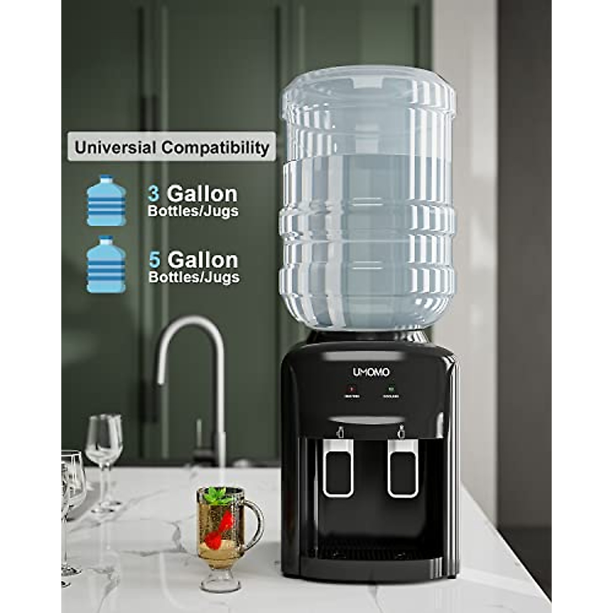 UMOMO Top Loading Water Cooler Dispenser, Countertop, Holds 3 or 5 Gallon, Hot & Cold, for Home and Office Use, Black(Water Bottle NOT Included)