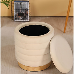 NEWIMAGE Round Ottoman Storage Box Dutch Velvet Pouffe Footstool 15.5'' Padded Stool Seat with Wooden Base, Footrest Vanity Stool with Lids for Bedroom Living Room Balcony Snack(Cream Horizontal Line)