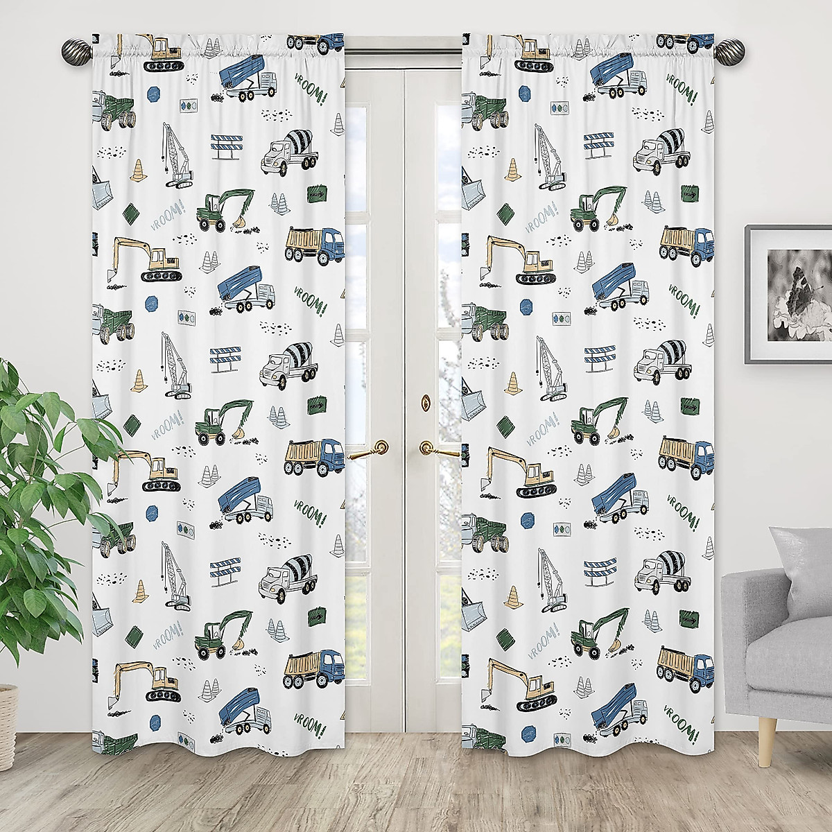 Sweet Jojo Designs Construction Truck Window Treatment Panels Curtains - Set of 2 - Grey Yellow Black Blue and Green Transportation