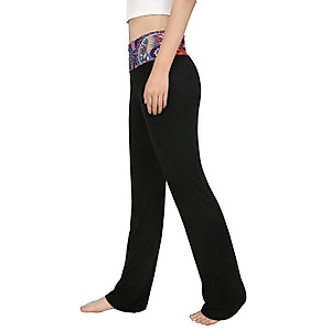 HDE Foldover Athletic Yoga Pants Gym Workout Leggings (Purple Paisley, Large)